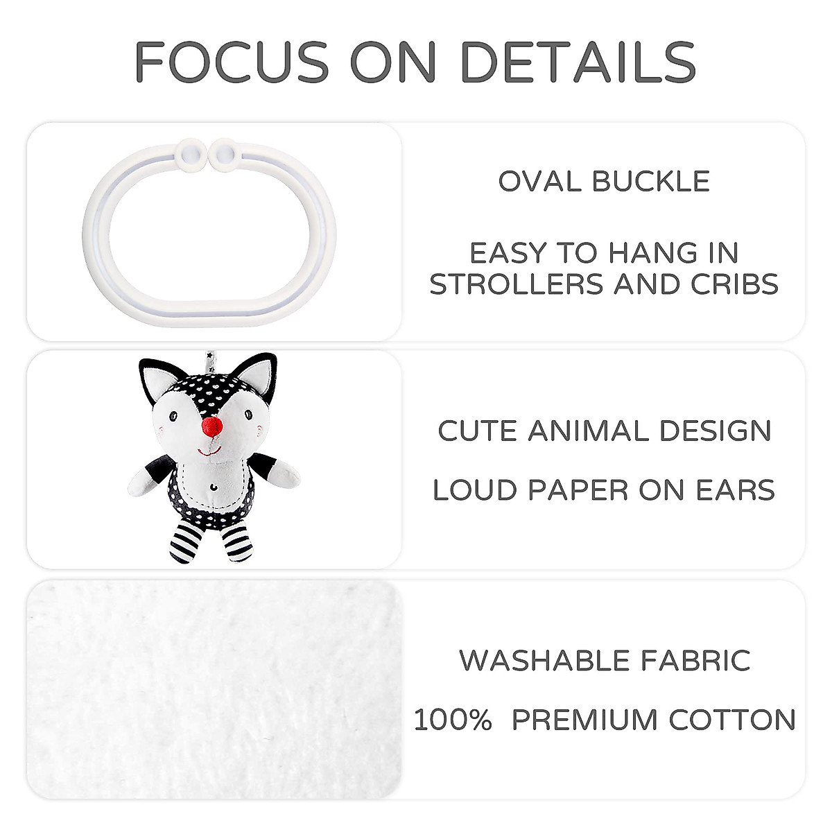 ZEIZRWK Hanging Rattles Toys White & Black Stroller Toy, Newborn Toys Infant Toys Crib Toys, Soft Plush for Stroller Car Seat Crib with Wind Chimes, Best Birthday Gift for Newborn(Fox Monkey Hippo)