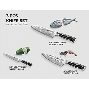 ASETY Damascus Knife Set 3 PCS, NSF Food-Safe Japanese Kitchen Knife Set with VG10 Steel Core, Ultra-Sharp Professional Chef Knife Set and Full Tang G10 Handle, Gift Box