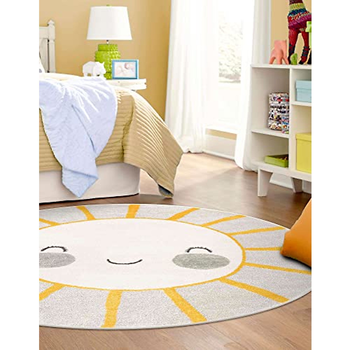 Unique Loom Whimsy Kids Collection Area Rug - Smiling Sunshine (Round 7' 10" x 7' 10", Gray/ Yellow)