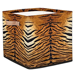 GzLeyigou Large Collapsible Storage Bins,Animal Tiger Leather Leopard Print Decorative Canvas Fabric Storage Boxes Organizer with Handles,Cube Square Baskets Bin for Home Shelves Closet Nursery Gifts