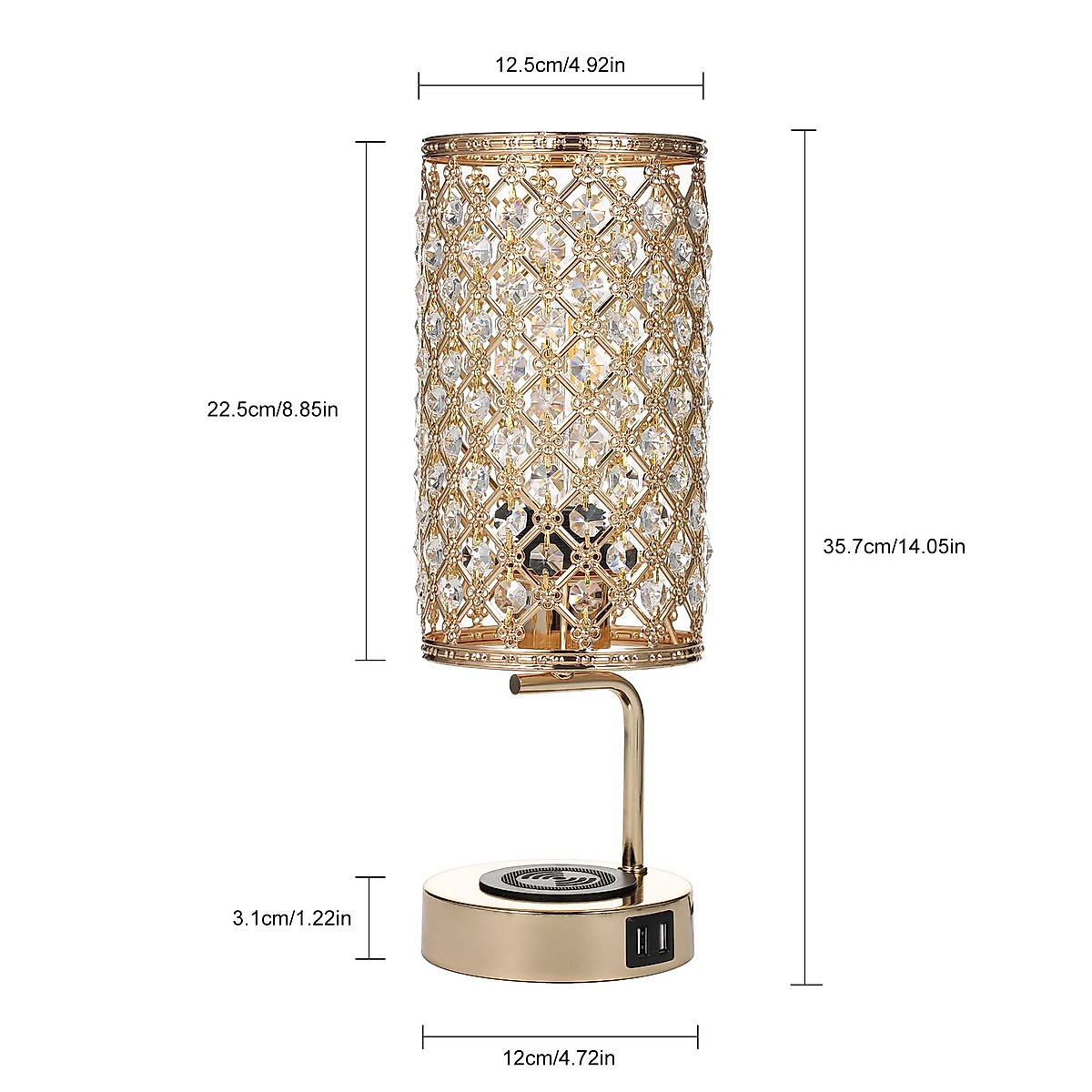 Neoglint Crystal Table Lamp - Gold Bedside Lamps with USB Port & Wireless Charger, Modern 3 Way Dimmable Nightstand Touch Lamps for Bedrooms Living Room(6W Bulb Included)
