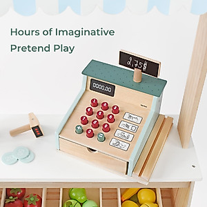 PairPear Wooden Toy Cash Register,Kids Pretend Play Money Counting Toys with Scanner and Credit Card,Toddler Cashier Toy Grocery Play Food Accessory for Pre-School Gift Boys Girls 3+
