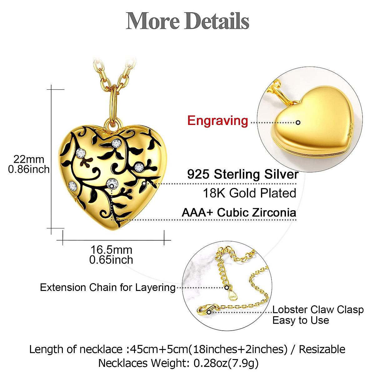 FOCALOOK Heart Locket Necklace, Custom Necklaces for Women Personalized & Engraved Picture Tree Branch Cubic Zirconia Locket with 18" Chain