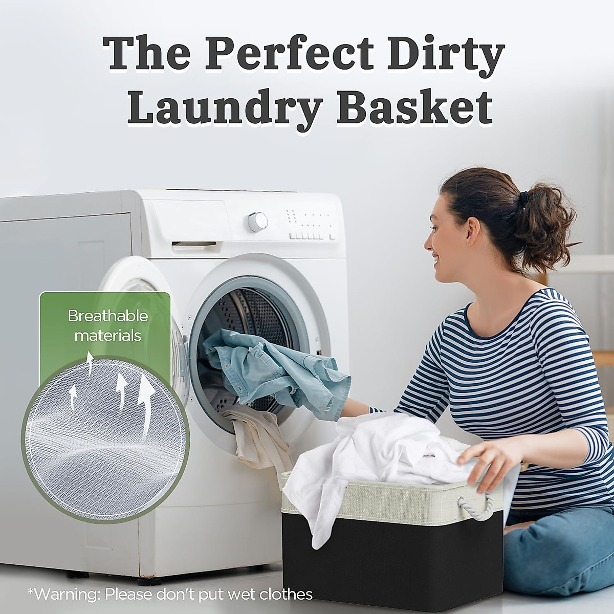 KITCSTI Fabric Storage Baskets for Shelves | Closet Storage Bins | Linen Cloth Baskets with Handle for Organizing (Black and White, Large - 3 Pack)