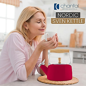Chantal SVEN Enamel on Steel Whistling Teakettle with Natural Wood handle, 1.4 quarts, Apple Red