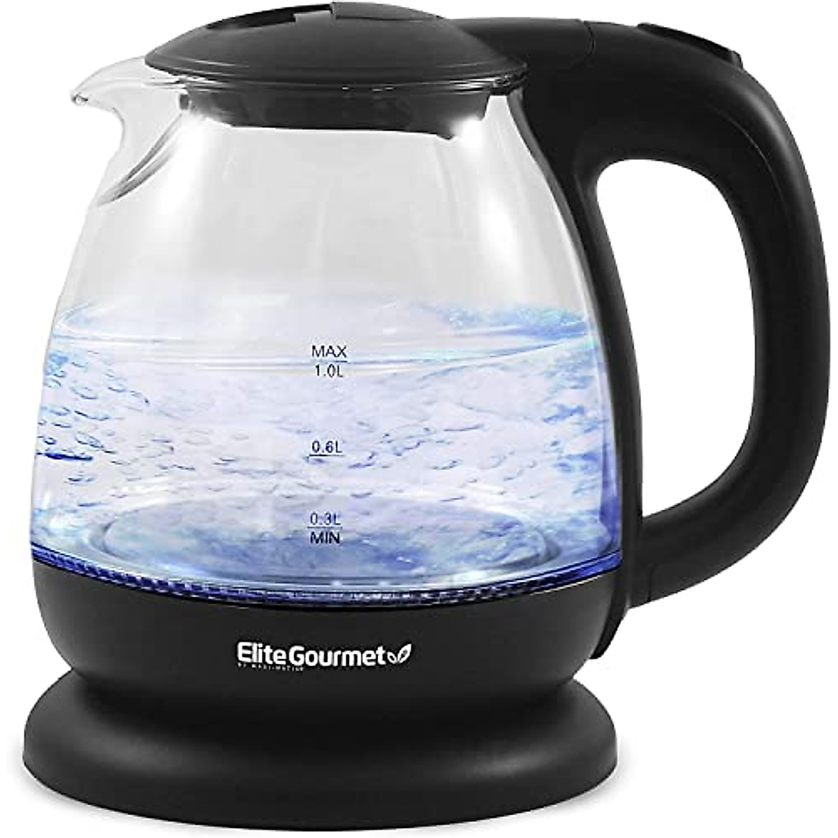 Elite Gourmet EKT1001B Electric BPA-Free Glass Kettle, Cordless 360° Base, Stylish Blue LED Interior, Handy Auto Shut-Off Function – Quickly Boil Water for Tea & More, 1L, Graphite Black