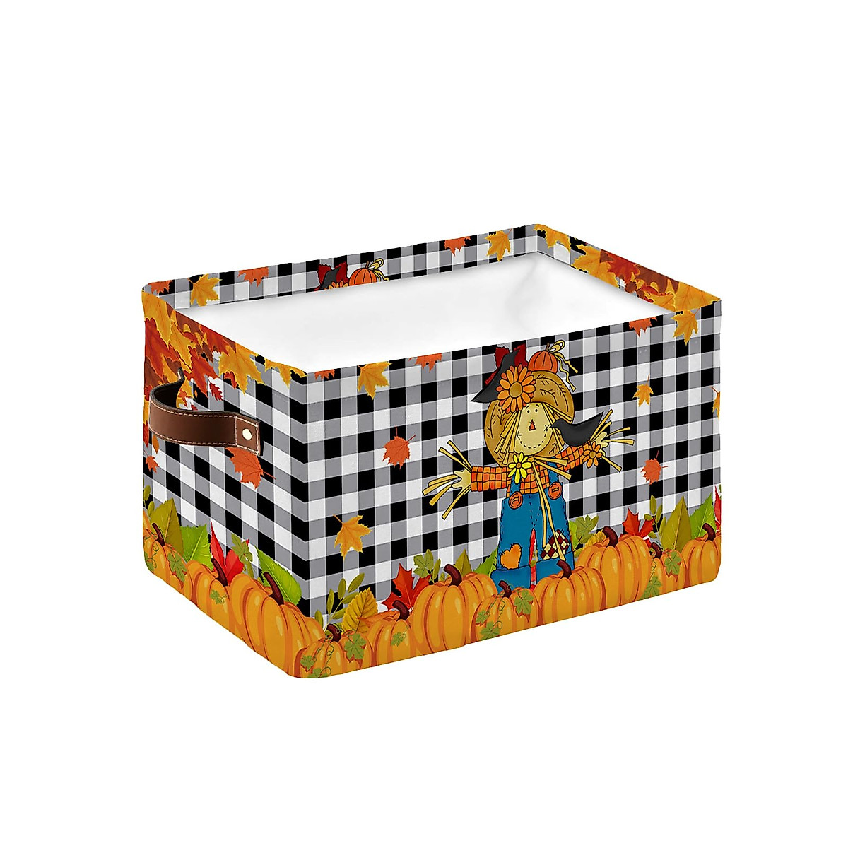 Thanksgiving Scarecrow Storage Bins 1 Pack, Large Waterproof Storage Baskets for Shelves Closet, Fall Pumpkin Maple Leaves Black White Plaid Storage Basket Foldable Storage Box Cube Storage Organizer