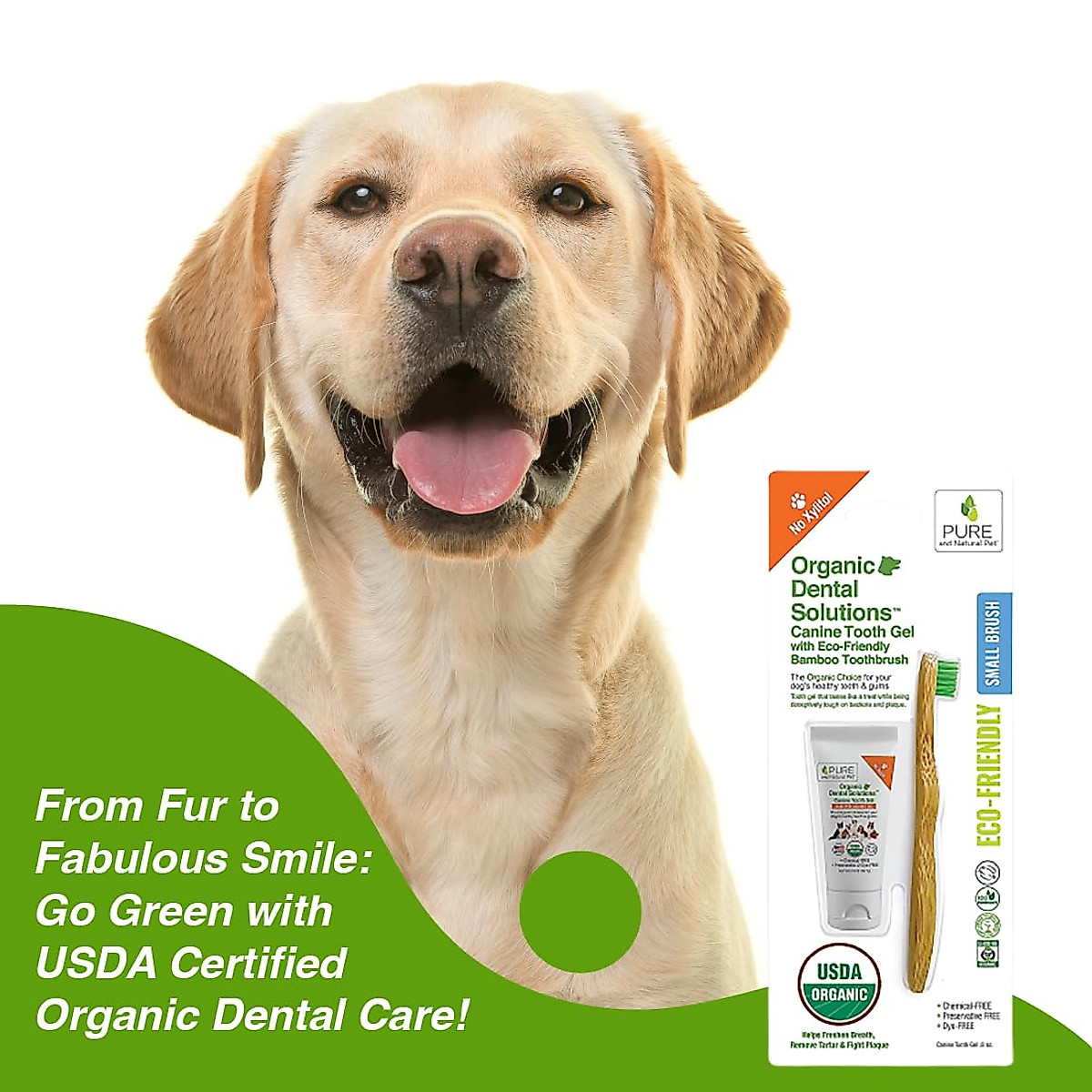 Pure and Natural Pet Organic Dental Solutions USDA Certified Organic Large Kit (.8 oz Canine Tooth Gel with Eco-Friendly Bamboo Toothbrush).