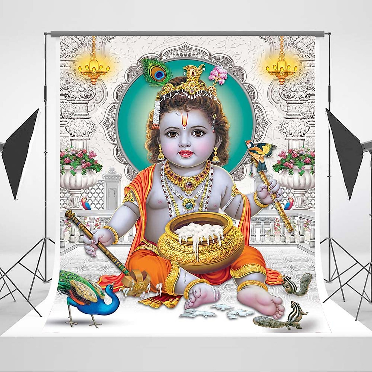 MingTian Baby Lord Krishna Tapestry Backdrop 7x5 Vinyl Indian Lord Child Bal Krishna Poster Background for Living Room Baby Krishna