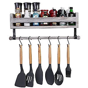 Satauko Wooden Floating Shelves with 8 Hooks for Kitchen Spice Rack, Wall Mounted Shelf with Towel Bar for Bathroom Organizer, Wall Hanging Book Shelves for Nursery Storage.(Grey)
