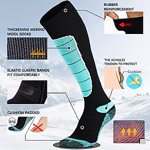 Hylaea Merino Wool Ski Socks, Cold Weather Socks for Snowboarding, Snow, Winter, Thermal Knee-high Warm Socks, Hunting, Outdoor Sports (2 Pairs (Grey Blue), X-Large)