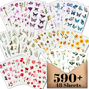 Arme Flower Stickers for Scrapbooking(590 Pieces, 48 Sheets),Decorative Floral Stickers, Small Flower Stickers for Adults, Pressed Flower Stickers Pack, Colorful Wildflower Stickers for Scrapbooking