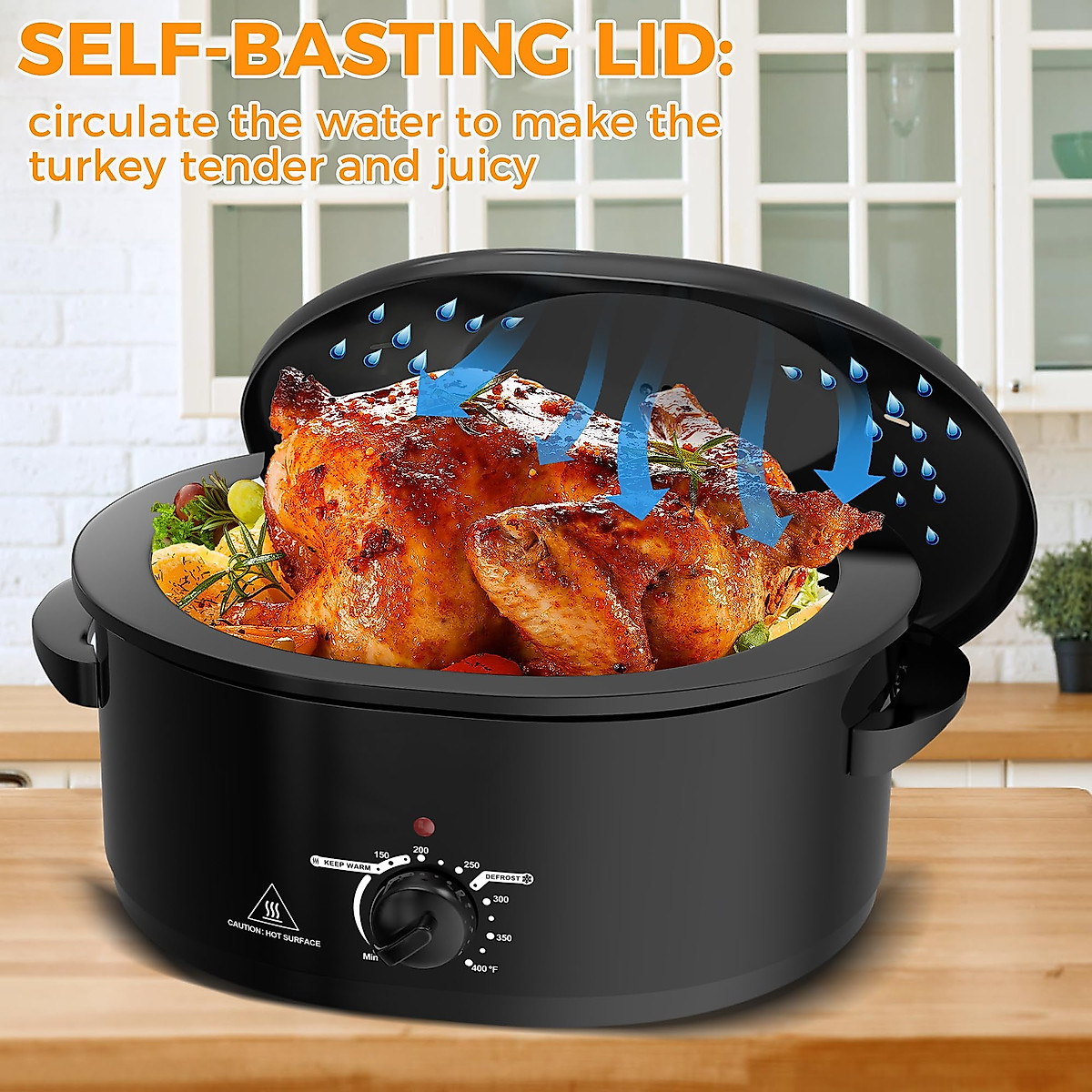 8 QT Electric Roaster Oven with Self-Basting Lid, Turkey Roaster Oven with Defrost Warm Function, Removable Pan and Rack, Black