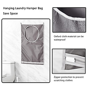 Resdenio Hanging Laundry Hamper Bag, Portable Laundry Bag, Large Foldable Wall Hanging Laundry Basket with 2 Adhesive Hooks for Dirty Clothes Organization and Storage,30 x 20 Inch Gray