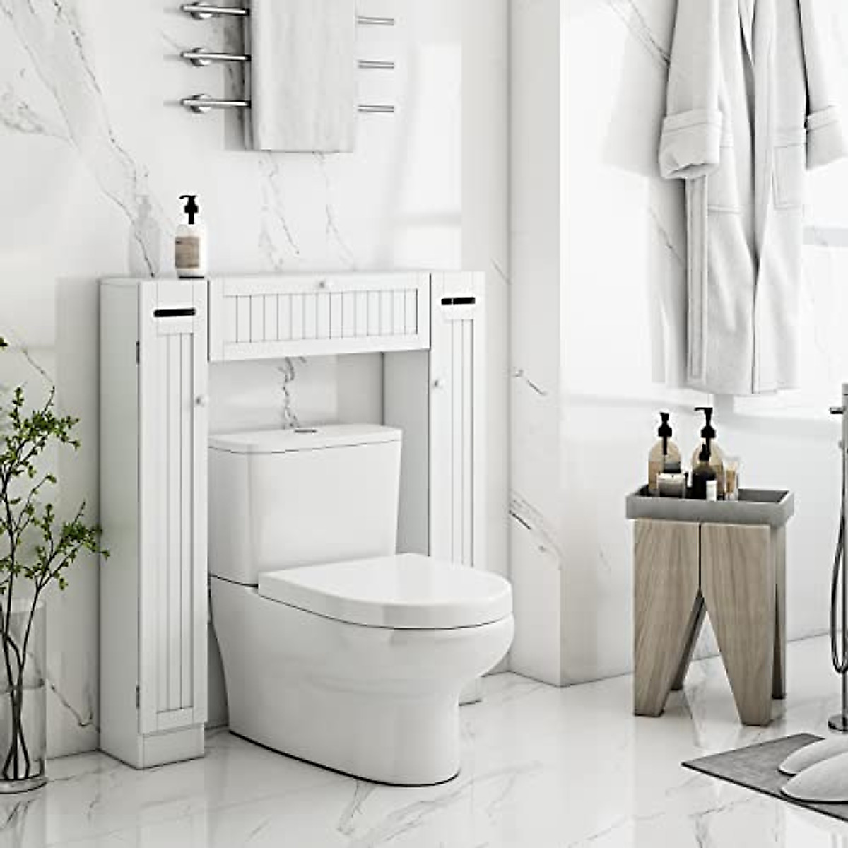 Over-The-Toilet Storage Cabinet with 2 Side Doors, Freestanding Toilet Cabinet Organizer with Adjustable Shelves & Paper Holder, Bathroom Space Saver with Pull-Down Door, Toilet Rack, White