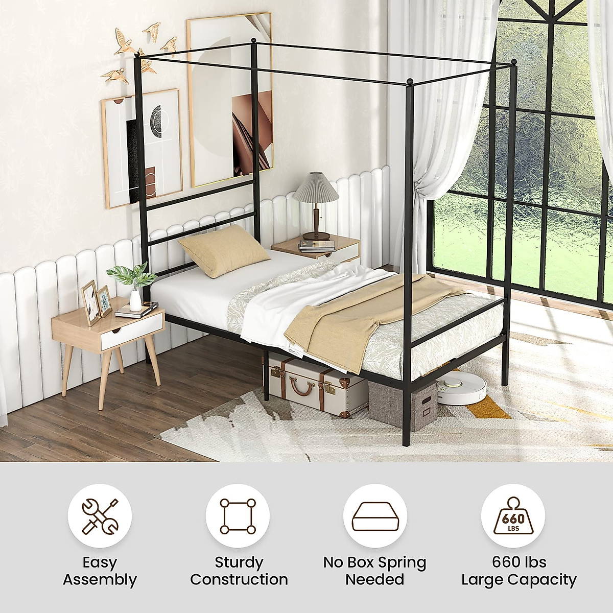 Giantex Twin Size Metal Canopy Bed Frame, Modern Platform Bed Frame with 4 Poster & Headboard, Mattress Foundation with Sturdy Metal Slat Support, No Box Spring Needed, Easy Assembly, Black