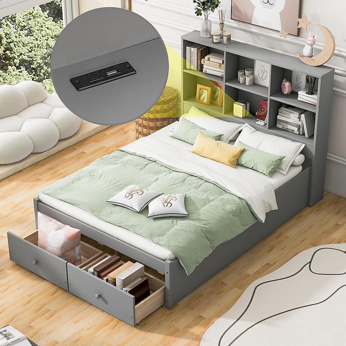 CITYLIGHT Full Size Bed Frame with Bookcase Headboard and 2 Drawers, Wood Full Size Platform Bed with Charging Station for Kids Teens Adults, No Box Spring Needed, Grey