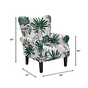 MELLCOM Mid Century Wingback Arm Chair,Modern Upholstered Fabric High Back Accent Chair with Wood Legs,Upholstered Single Sofa Club Chair for Living Room, Bedroom, Home Office, Green Leaves