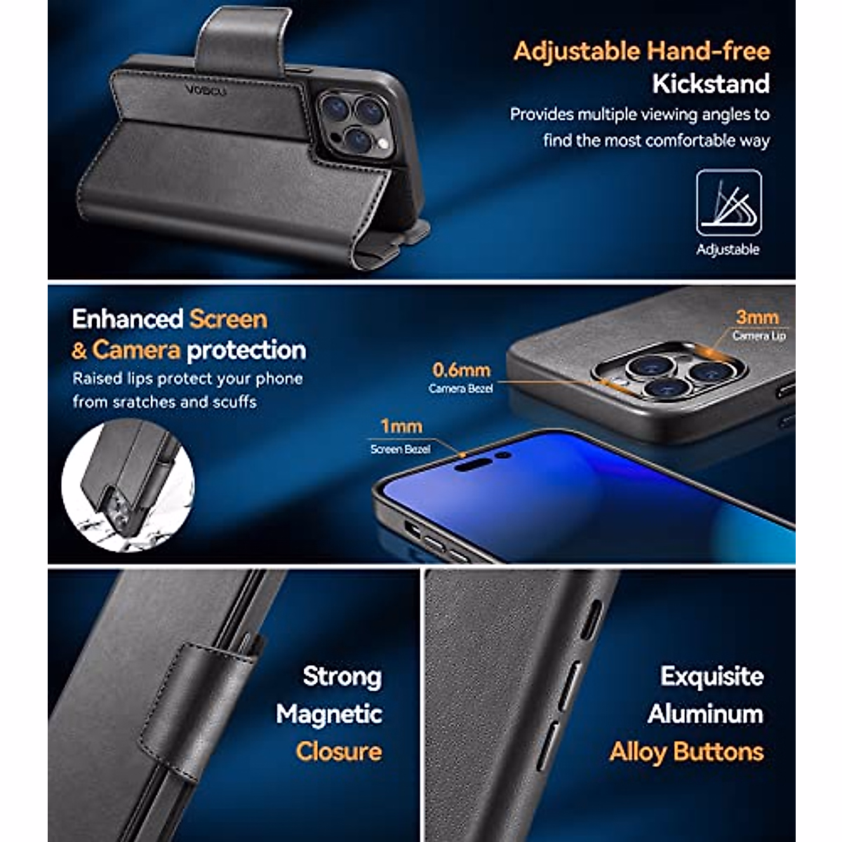 voscu Detachable Wallet Case for iPhone 14 Pro Max 6.7'' Compatible with MagSafe, Support Wireless Charger, Vegan Leather Flip Folio Magnetic Phone Case with Card Holders [RFID Blocking]-Black