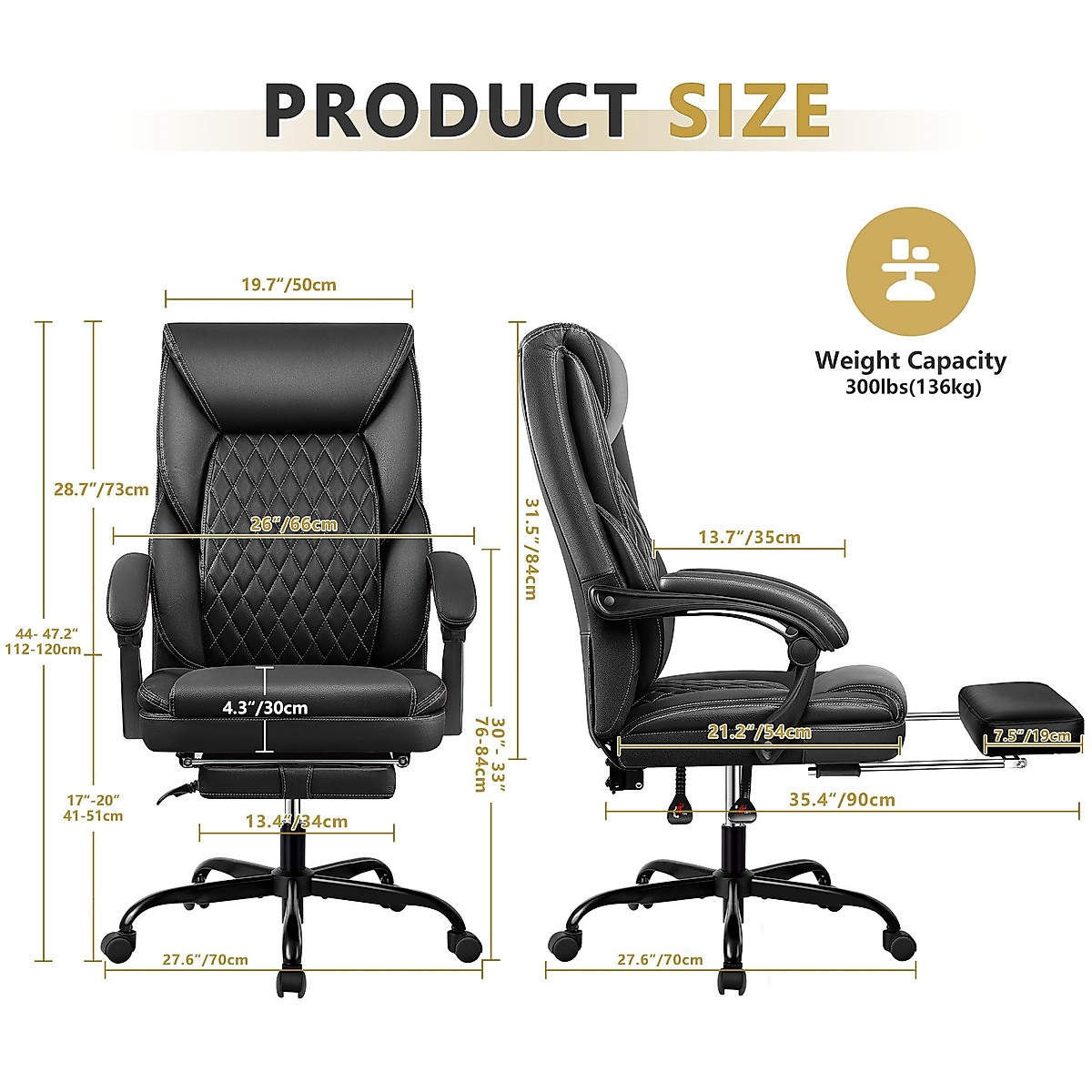 BestEra Office Chair, Big and Tall Office Chair Executive Office Chair with Foot Rest Ergonomic Office Chair Home Office Desk Chairs Reclining High Back Leather Chair with Lumbar Support (Black)