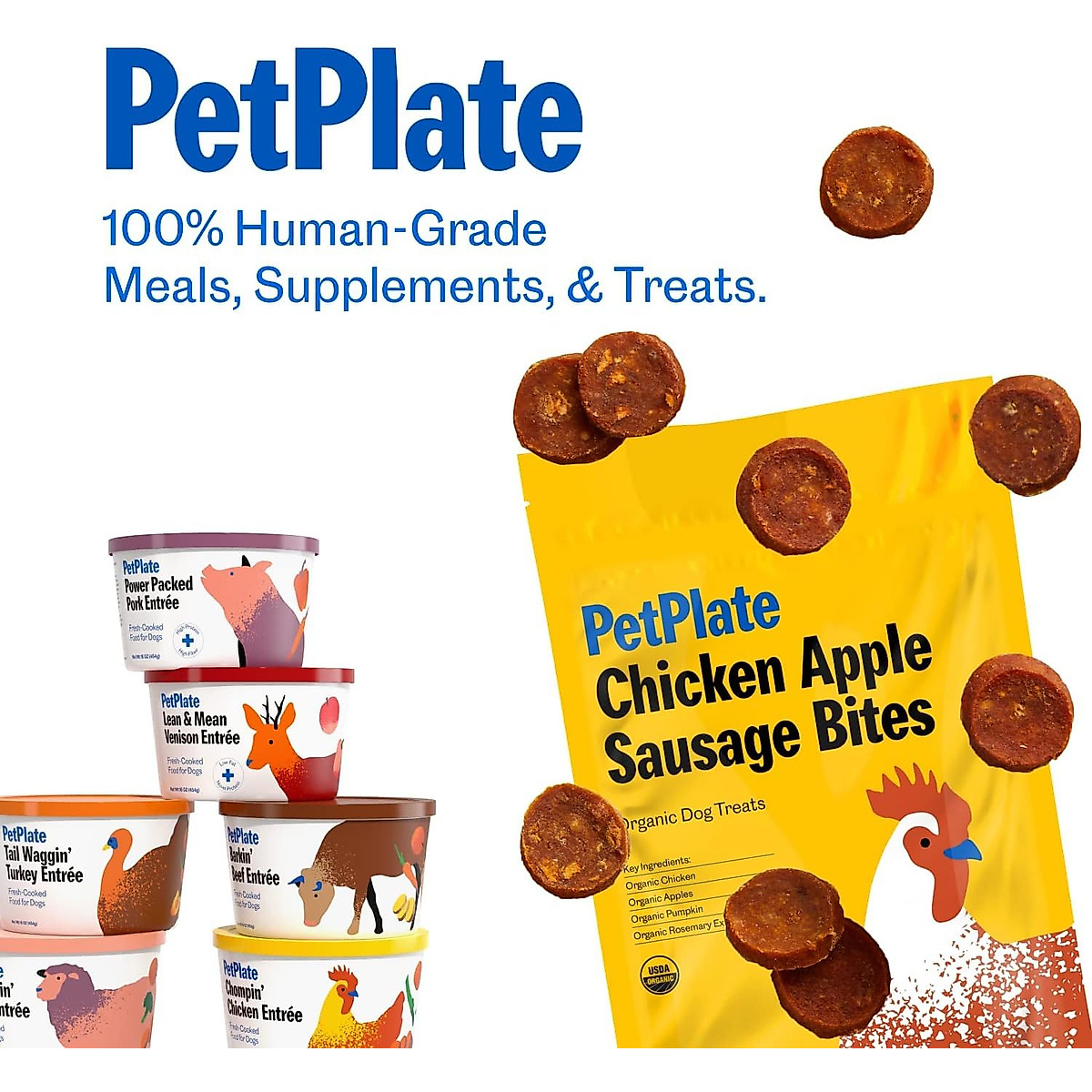 PetPlate Chicken Apple Sausage Bites, Human Grade Dog Treats, All Life Stages, Grain-Free, Organic and Real Ingredients, High Protein, Healthy Snacks (Pack of 1, 4.5 Ounce)