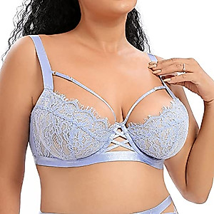 Women's Minimizer Eyelash Lace Plus Size Full Figure Non-Padded Underwire Unlined Sheer Bra (Corn Flower Blue, 40K)