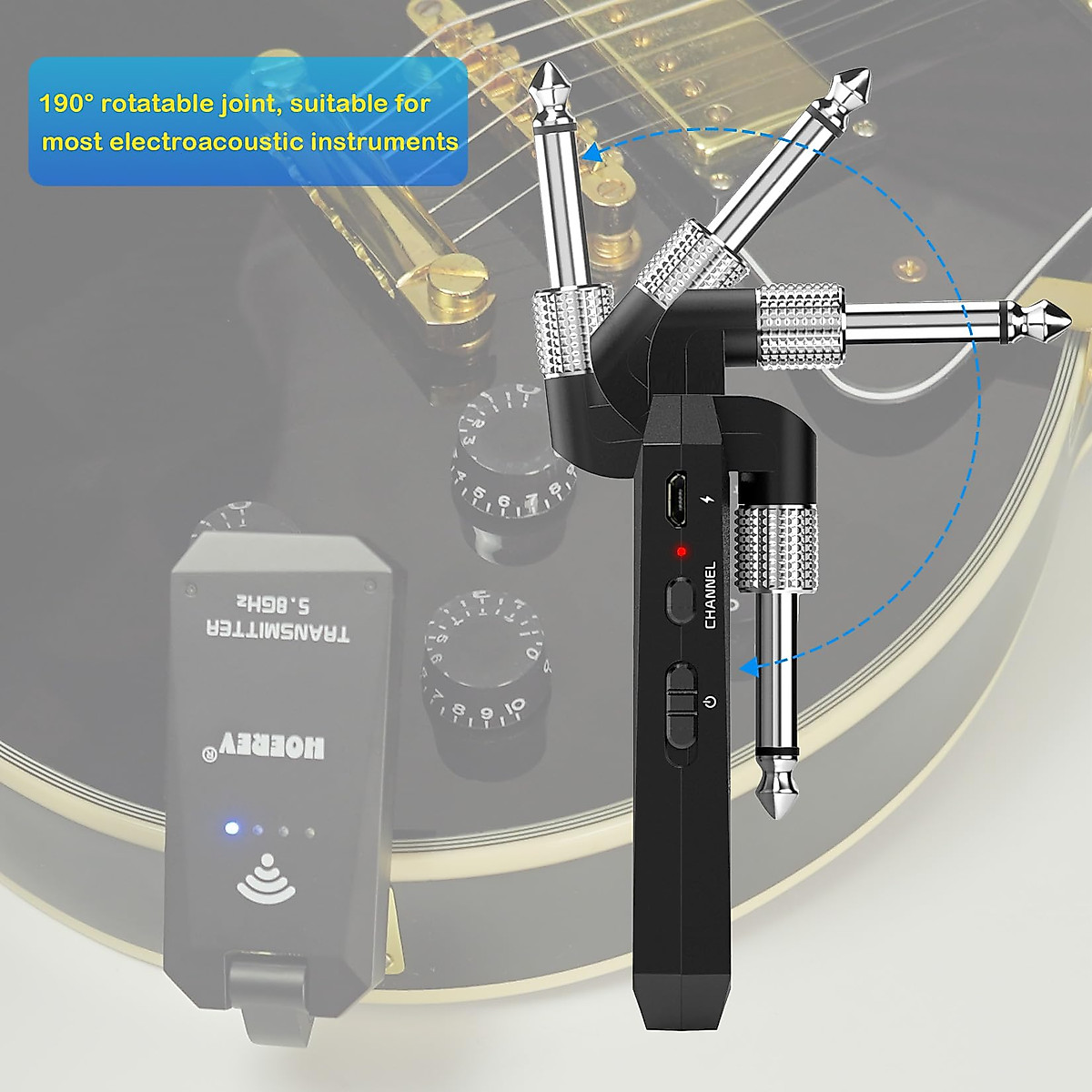 HOEREV 5.8GHz Electric Guitar Accessories Wireless Guitar Bass Stand Transmitter Receiver System 4 Channels for Electric Bass Cordless Amplifier Guitar Cable Jack with Rechargeable Lithium Battery