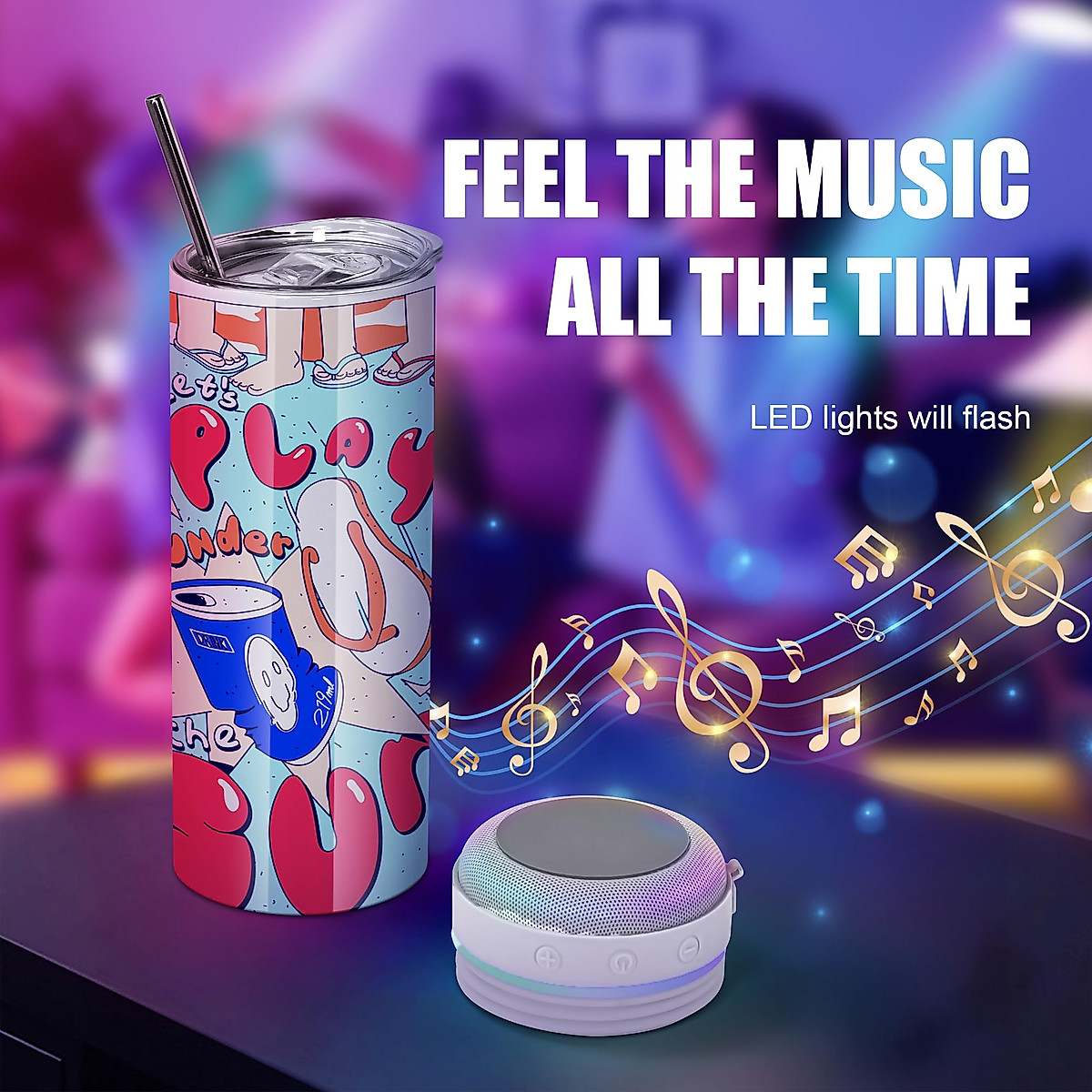 Icesip 25 Pack Music Speaker Tumbler, 20 oz Sublimation Tumbler Skinny Straight Double Wall Music Speaker Tumbler Cup with Straw Lid & USB Charging Cable 6 Colors