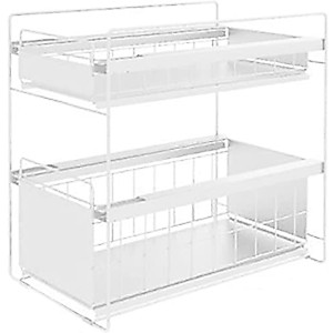 LIFOND Under Sink Storage Under Sink Organizer Rack with Sliding Storage Drawer, 2 Tier Pull Out Cabinets Organizer Shelf, Sliding Kitchen Countertop Storage Basket White-Large, White L