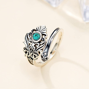 APOTIE Sterling Silver Turquoise Spoon Ring - S925 Victorian Vintage Flower Thumb for Women