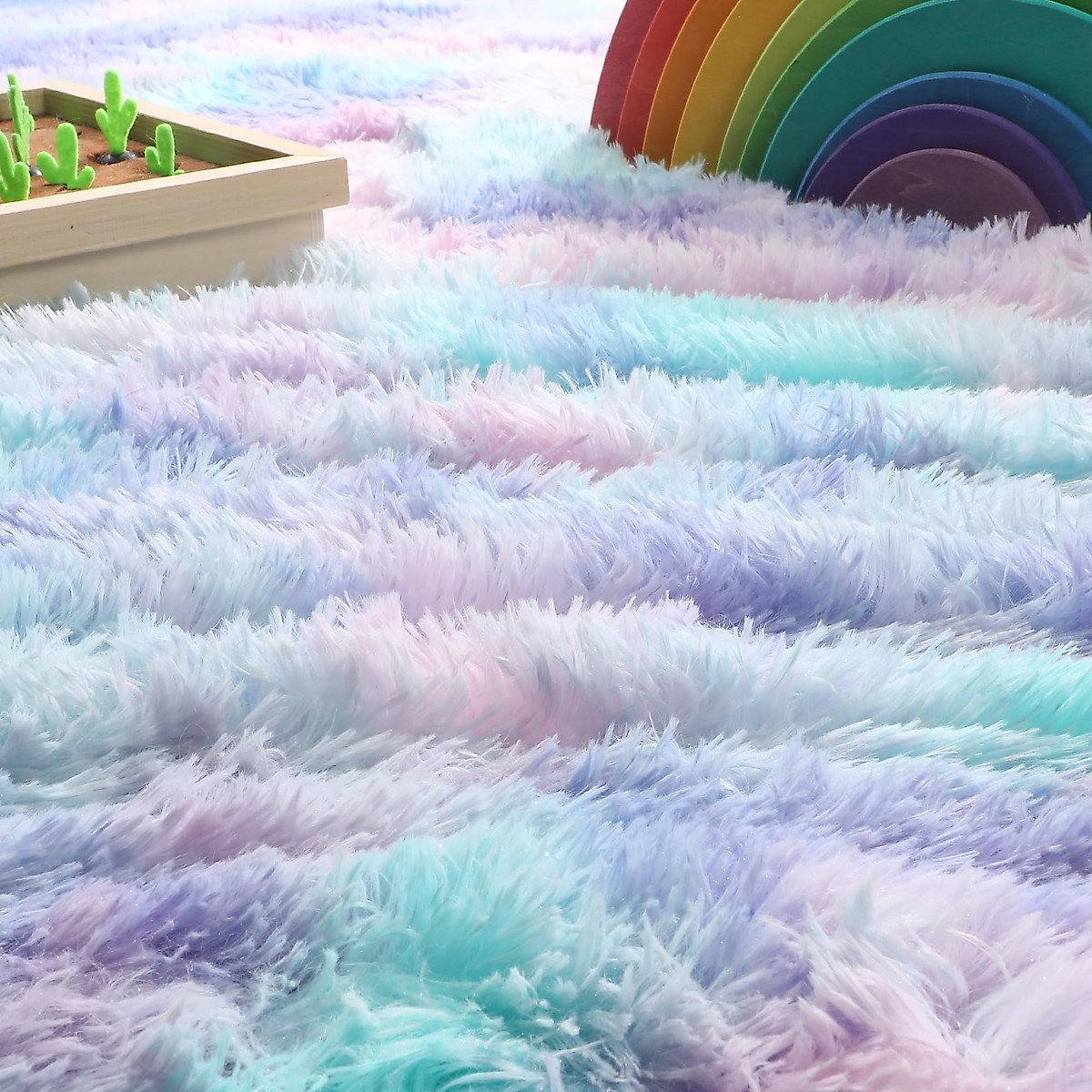 PAGISOFE Round Rugs 5Ft Cute Shaggy Circle Rug for Girls Bedroom, Purple Rainbow Rugs for Kids Room, Teen Girls, Playroom, Nursery, Fluffy Furry Pastel Mermaid Rug, Soft Plush Kawaii Tent Carpet