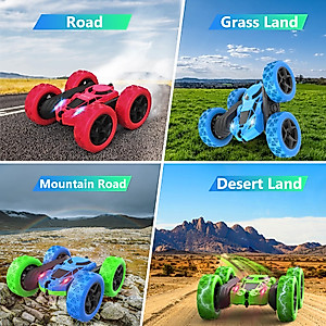 cosone Remote Control Car Toys for Boys - 4WD 2.4Ghz Double Sided 360° Rotating All Terrain RC Cars with Cool Lights, Kids Birthday for Boys-Blue&Green