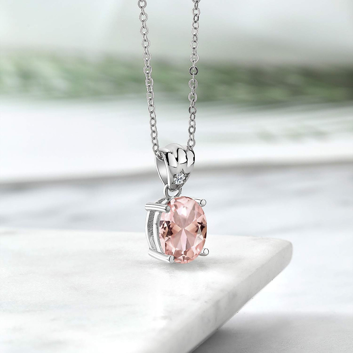 Gem Stone King 925 Sterling Silver Peach Simulated Morganite and White Topaz Pendant Necklace For Women (3.92 Cttw, Oval 11X9MM with 18 Inch Silver Chain)
