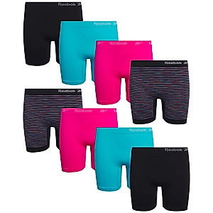 Reebok Girls' Boyshorts Underwear - 8 Pack Soft Seamless Long Leg Boy Shorts - Playground Shorts for Girls (6-16), Size 12-14, Black/Aqua/Hot Pink/Multi Stripes