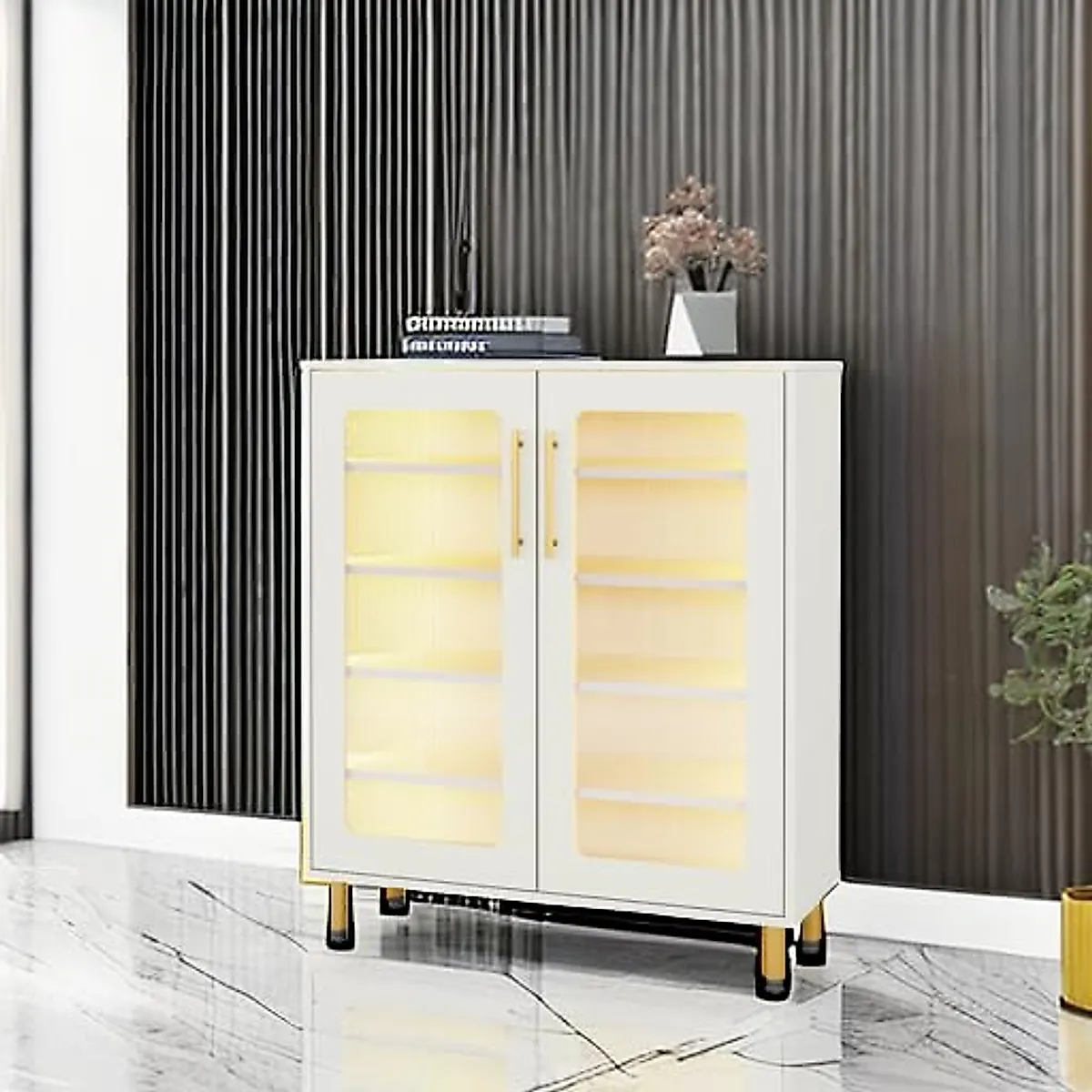 Tribesigns Shoe Cabinet with Acrylic Doors and LED Light, 24 Pairs Entryway Shoe Organizer Storage Rack with 5-Tier Adjustable Shelves for Narrow Closet, Hallway, Living Room (White & Gold)