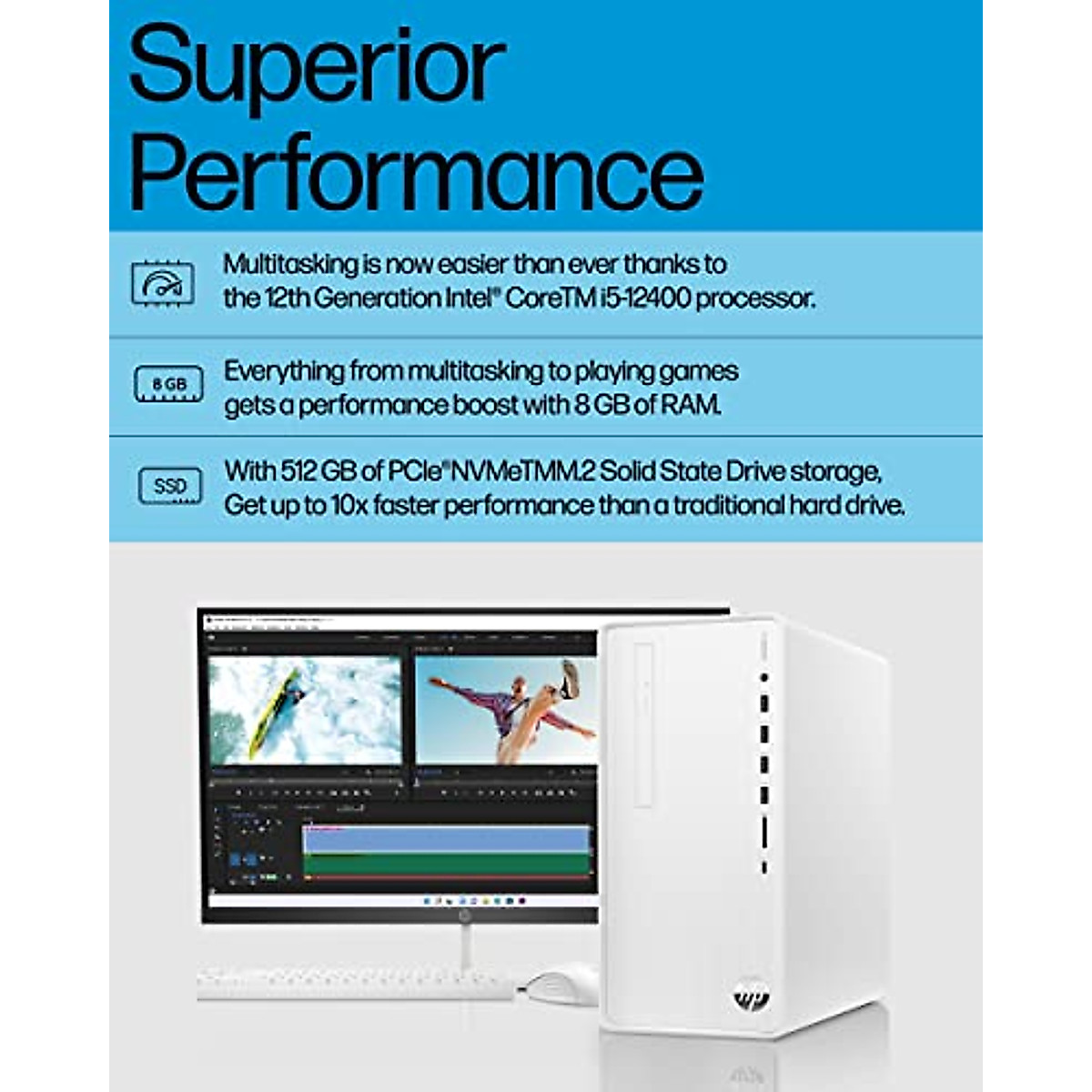 HP Pavilion Desktop PC, 12th Gen Intel Core i5-12400, 8 GB RAM, 512 GB SSD, Windows 11 Home, Wi-Fi 6 & Bluetooth, 9 USB Ports, Wired Keyboard & Mouse Combo, Pre-Built PC Tower, TP01-3050 (Renewed)