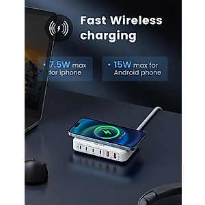 100W USB Charging Station with 15W Wireless Charger, Marnana 6-in-1 Multiple USB Ports(2 USB A and 4 USB C Ports) GaN Desktop Charger for iPhone iPad MacBook Laptop Samsung and Android Devices