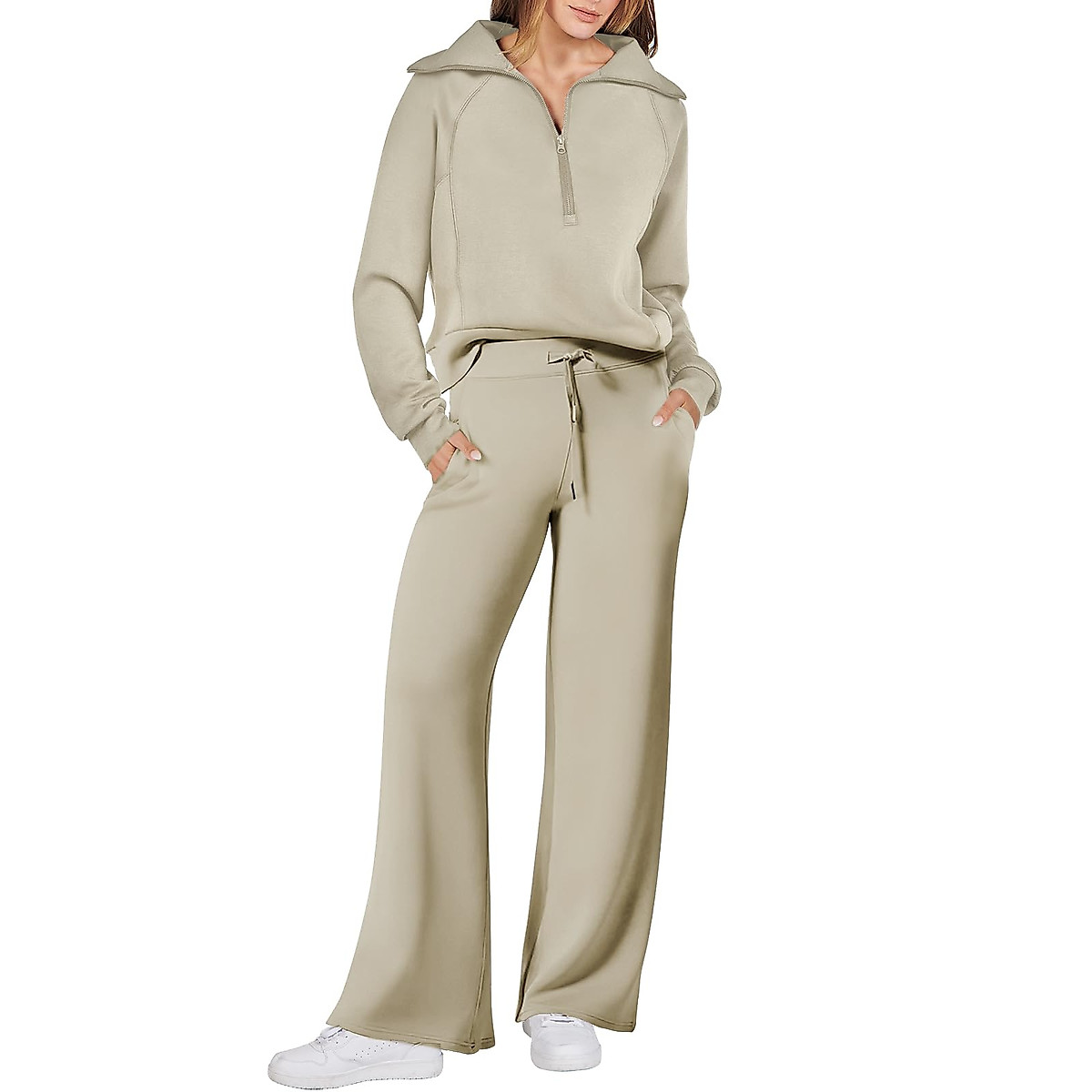 ANRABESS Women 2 Piece Outfits Sweatsuit Oversized Sweatshirt Sweatpants Tracksuit Sweat Lounge Matching Set 2024 Fall Trendy Light Khaki Medium