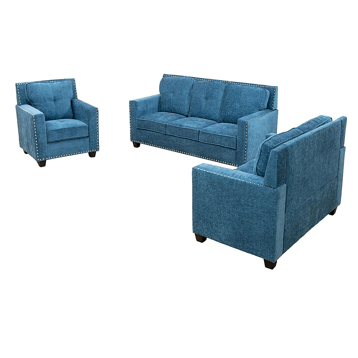 XRYZHC 1+2+3 Modular Sofa Set,Blue Linen 3-Piece Living Room Sofa Set, Including Single Chair, Loveseat, 3-Person Sofa,Rectangular Armrests,Rivet Decoration