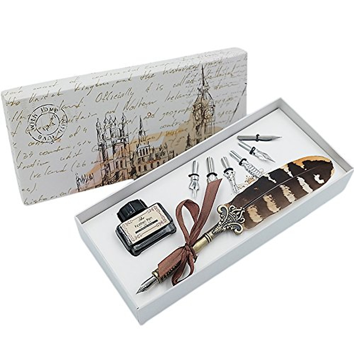 hhhouu Feather Pen and Ink Set, Quill Pen Set Antique Dip Pen with Ink and 6 Replacement Nibs 6pcs Nibs Calligraphy Pens for Beginners HO-Q-300