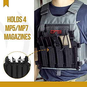 OneTigris SMG Magazine Pouch with Hook Backing Tactical Placard for MP5 MP7 Magazines with Elastic Retention Straps Black