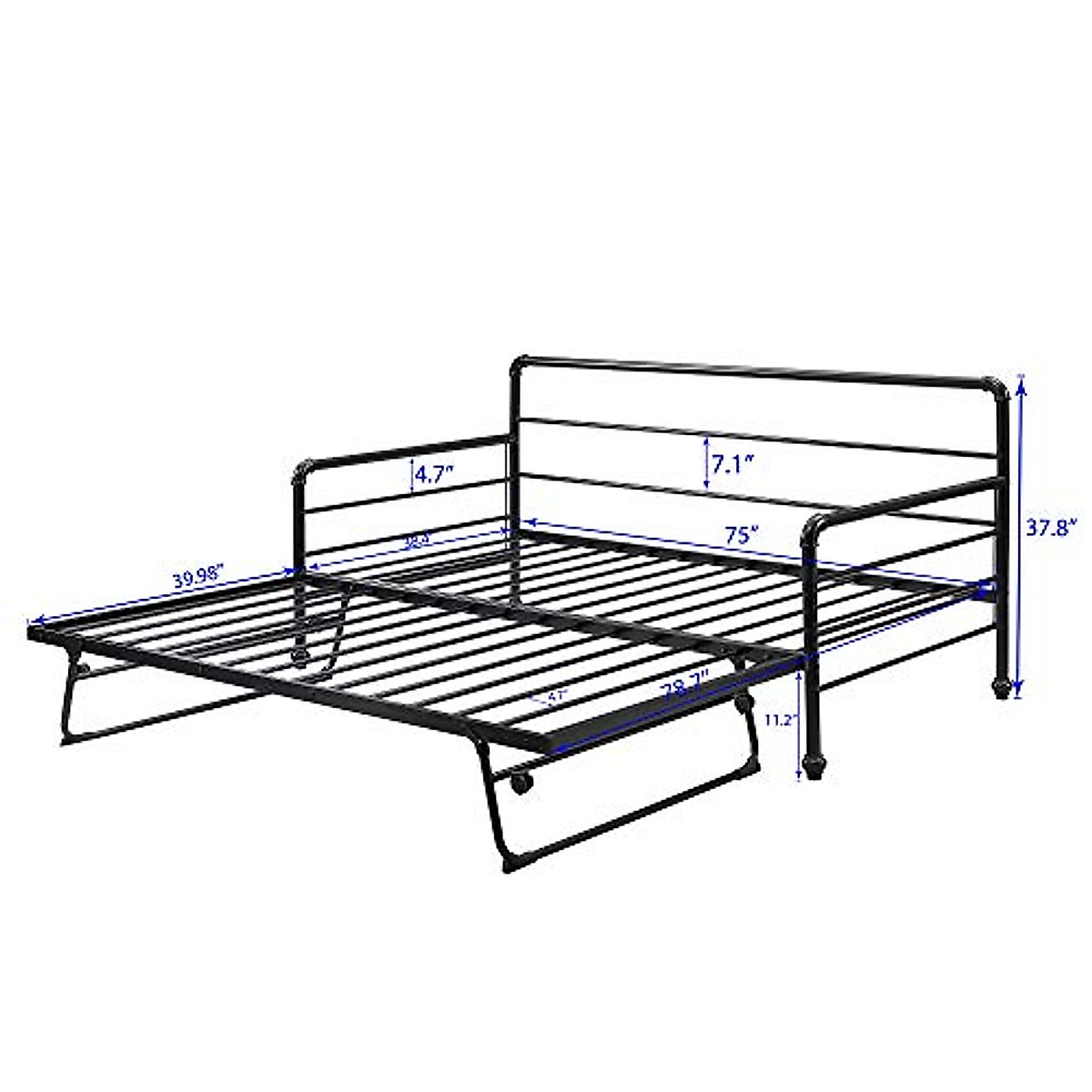 Twin Size Sofa Bed with Adjustable Trundle, Metal Frame Daybed for Living Room and Bedroom, Pop Up Trundle, No Box Spring Needed, Black