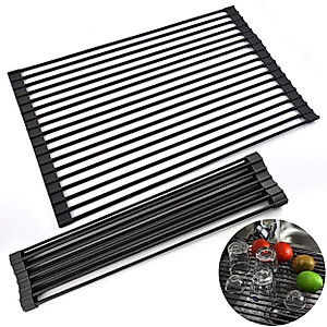 Ahyuan Large Roll up Dish Drying Rack Foldable Dish Rack Over Sink Dish Drainer Roll-up Sink Drying Rack Full Silicone Coated Stainless Still Dish Drying Rack (Matte Black, 17.7''X13.13'')