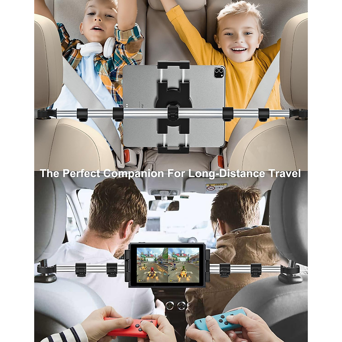 woleyi Car Headrest Tablet Holder Mount - [Anti Shake & Stretchable] Tablet Holder Back Seat for Car Between Kids Stand, for iPad Pro Air Mini, Galaxy Tab, Kindle Fire, Switch, iPhone, 4.7-13" Devices