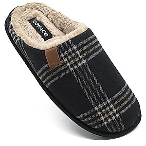 COFACE Mens Black Flano Plaid Cozy Memory Foam scuff Slippers Slip On Warm House Shoes Indoor/Outdoor With Best Arch Surpport Size 8