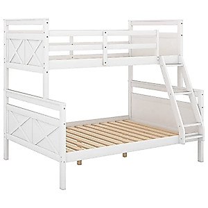 Majnesvon Twin Over Full Bunk Bed Frame with Ladder, Solid Wood Bunk Beds Loft Bed Frame Twin Over Full Size with Guardrail, Can Be Separated Into Twin/Full Size Bed, No Box Spring Needed (White)