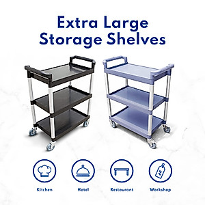 New Star Foodservice 54545 250-Pound Plastic 3-Tier Utility Bus Cart with Locking Casters, 32" x 16" x 38", Gray