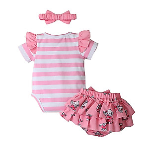 PENNSOY Baby Girl Clothes Newborn Infant Elephant Print Summer Outfits Ruffle Short Sleeve Romper Jumpsuit with Headband 3PCS Pink 3-6M