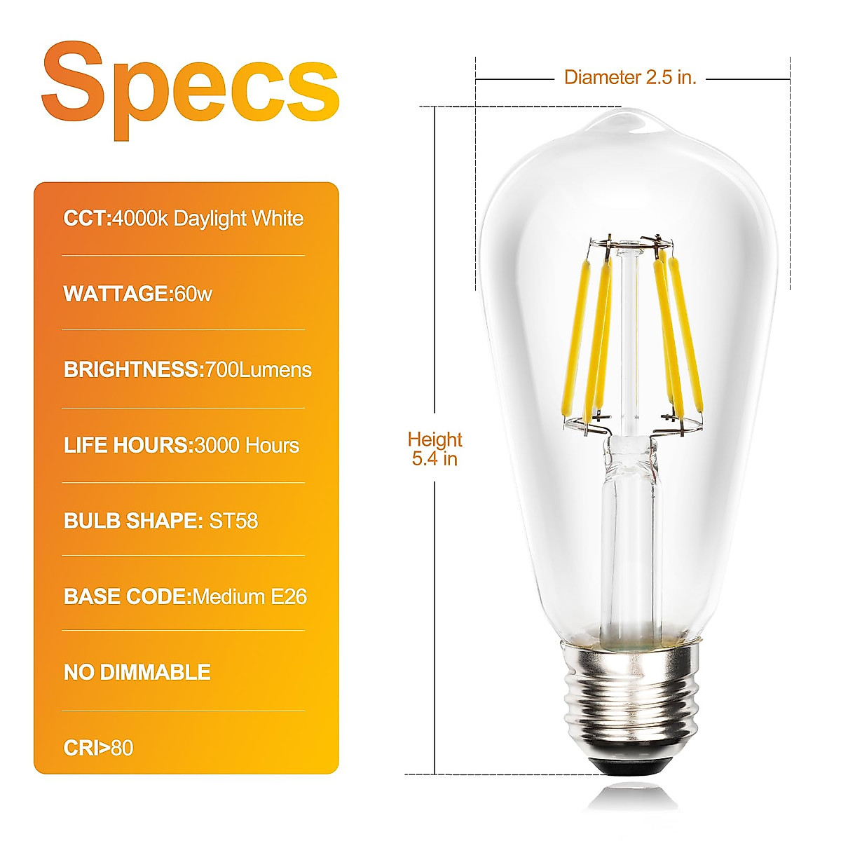 PUIPUM Edison Bulbs 60 Watt Led, Led Edison Bulb, Vintage e26 Edison Bulb, ST58 led Light Bulb,Daylight White 4000k,80CRI,700 Lumen, Edison Bulbs for Home, 6 Pack, Clear,Non-Dimmable