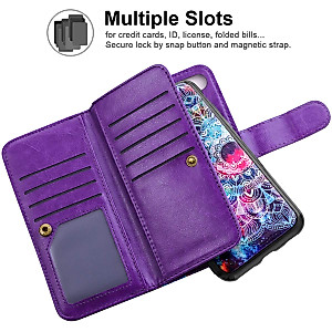 Vofolen 2-in-1 Case for iPhone 8 case iPhone 7 SE 2020 Wallet Card Holder Slot Detachable Strap Protective Slim Hard Shell Magnetic PU Leather Folio Pocket Flip Cover for iPhone 7 8 SE2 Mandala Purple
